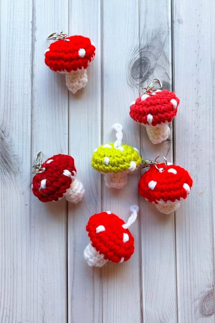 Crochet Mushroom Keychain Pattern - thecaffeinatedsnail.com