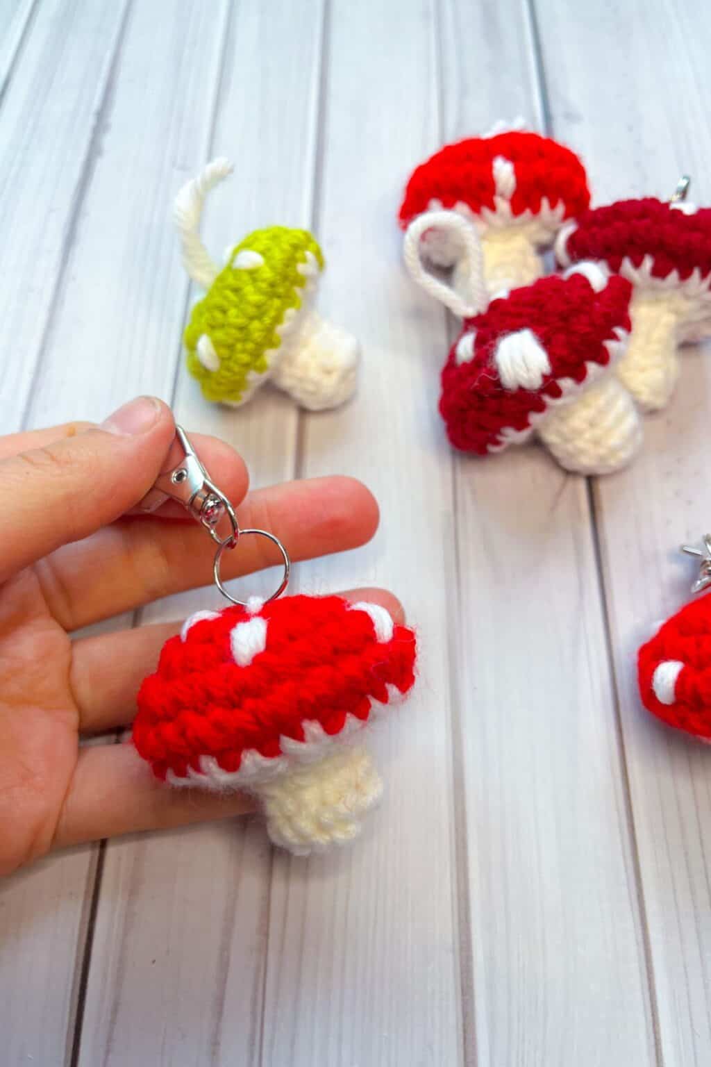 Crochet Mushroom Keychain Pattern - thecaffeinatedsnail.com